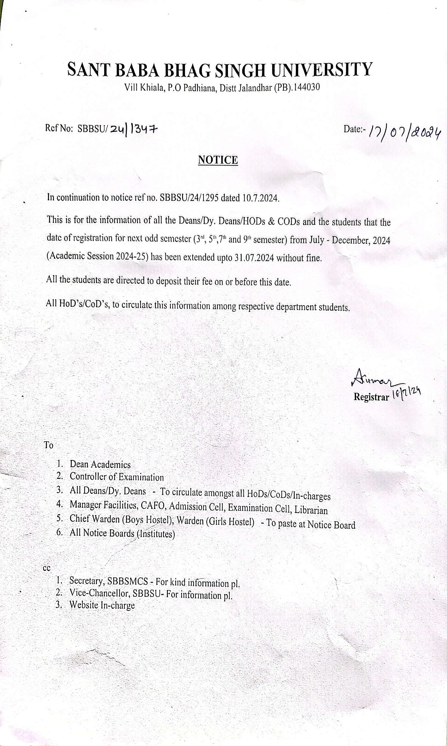 Notice Board Sant Baba Bhag Singh University